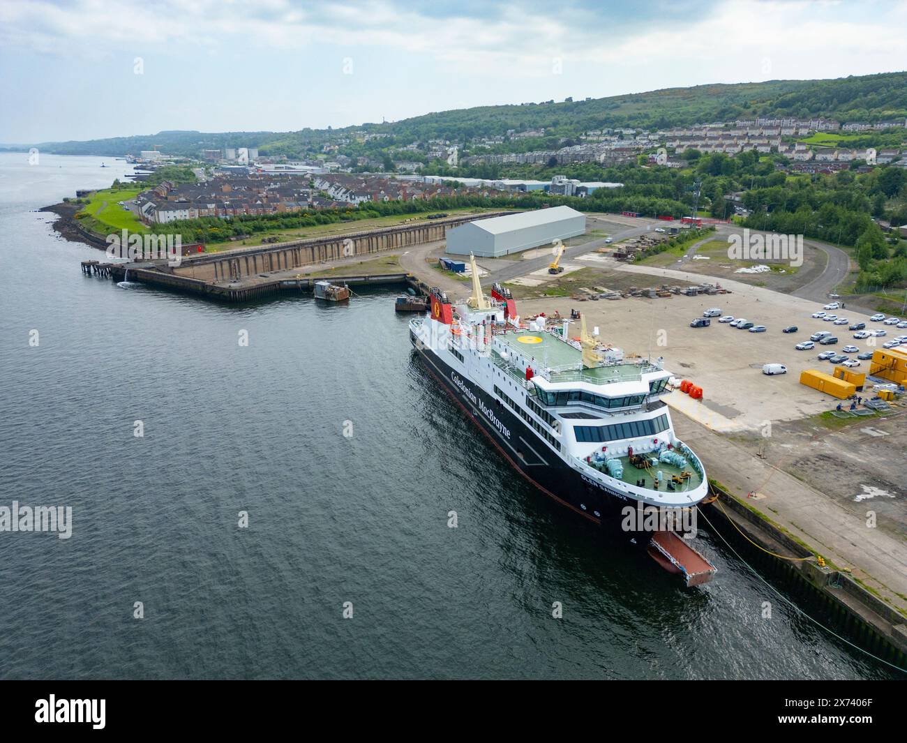Aerial view of Glen Sannox Ferry tied up in Greenock, Scotland, UK ...