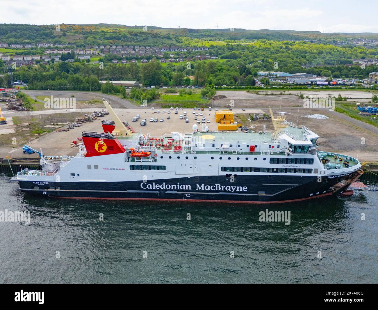 Aerial view of Glen Sannox Ferry tied up in Greenock, Scotland, UK ...
