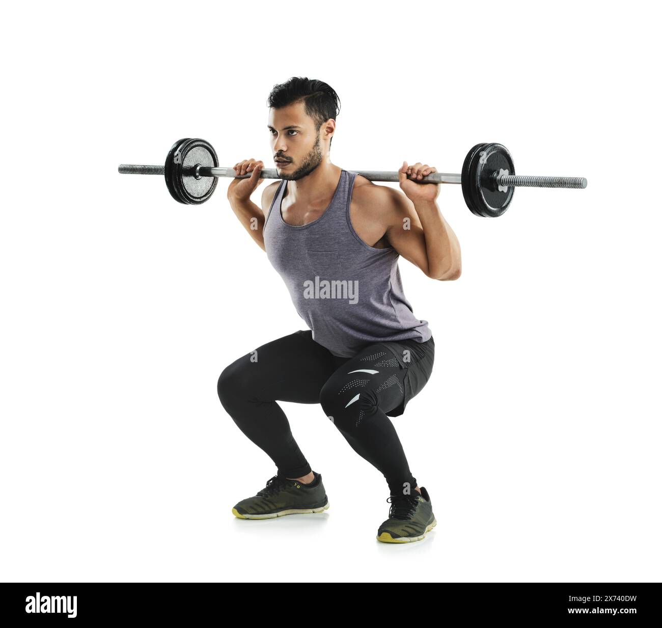 Man, squat and barbell in studio for exercise, balance and training ...