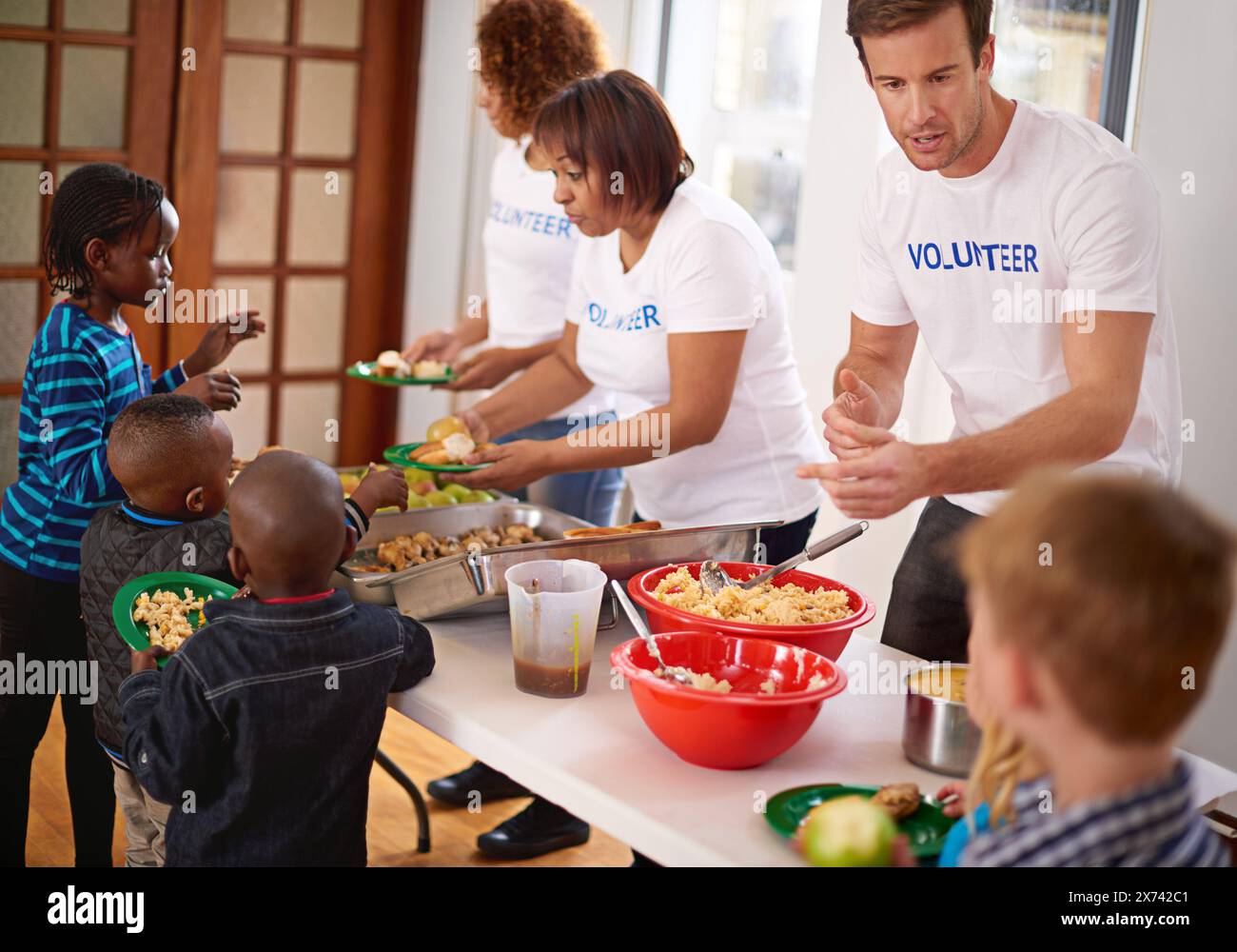 Charity, kids and volunteer with food for donation, nonprofit ...