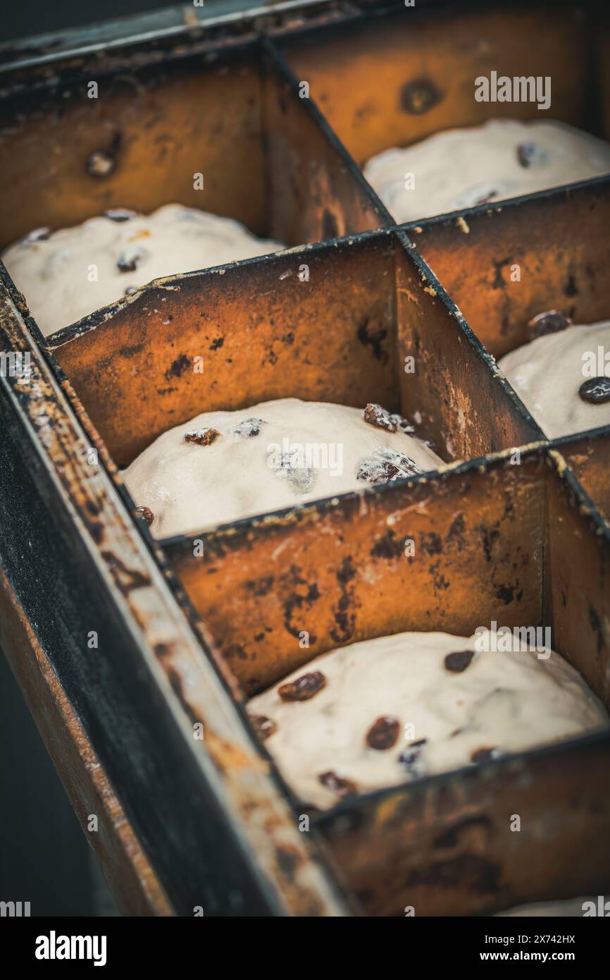 Raw dough in compartments of a large bread pan in a bakery Stock Photo ...