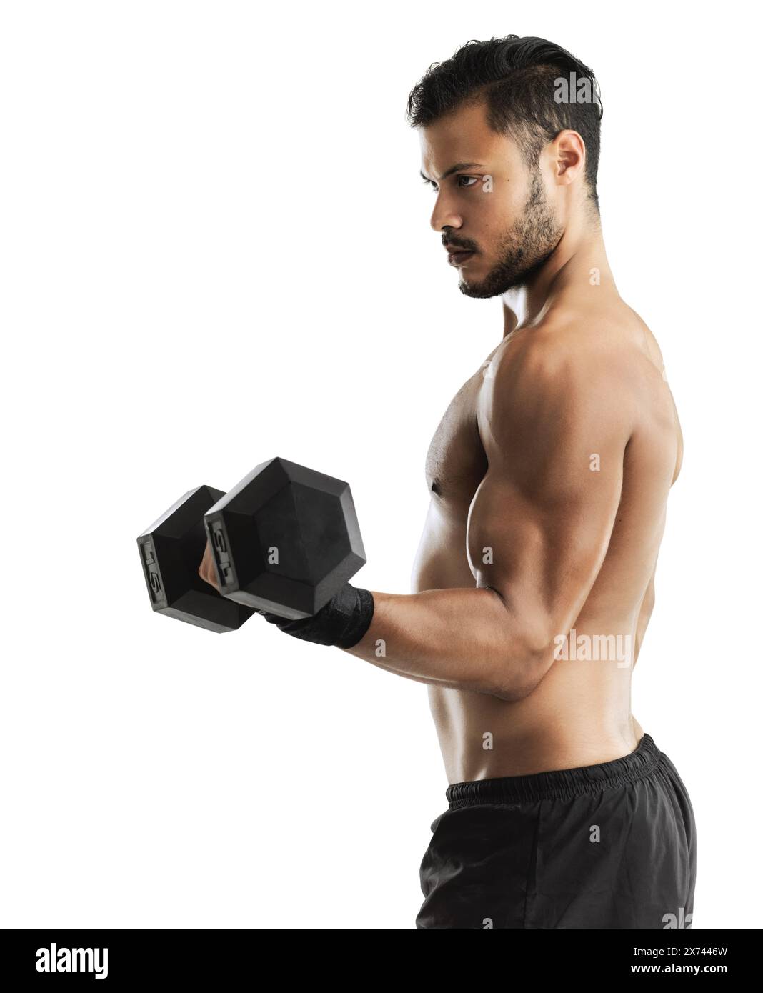 Sports, dumbbell and man in studio for exercise with arm strength for ...