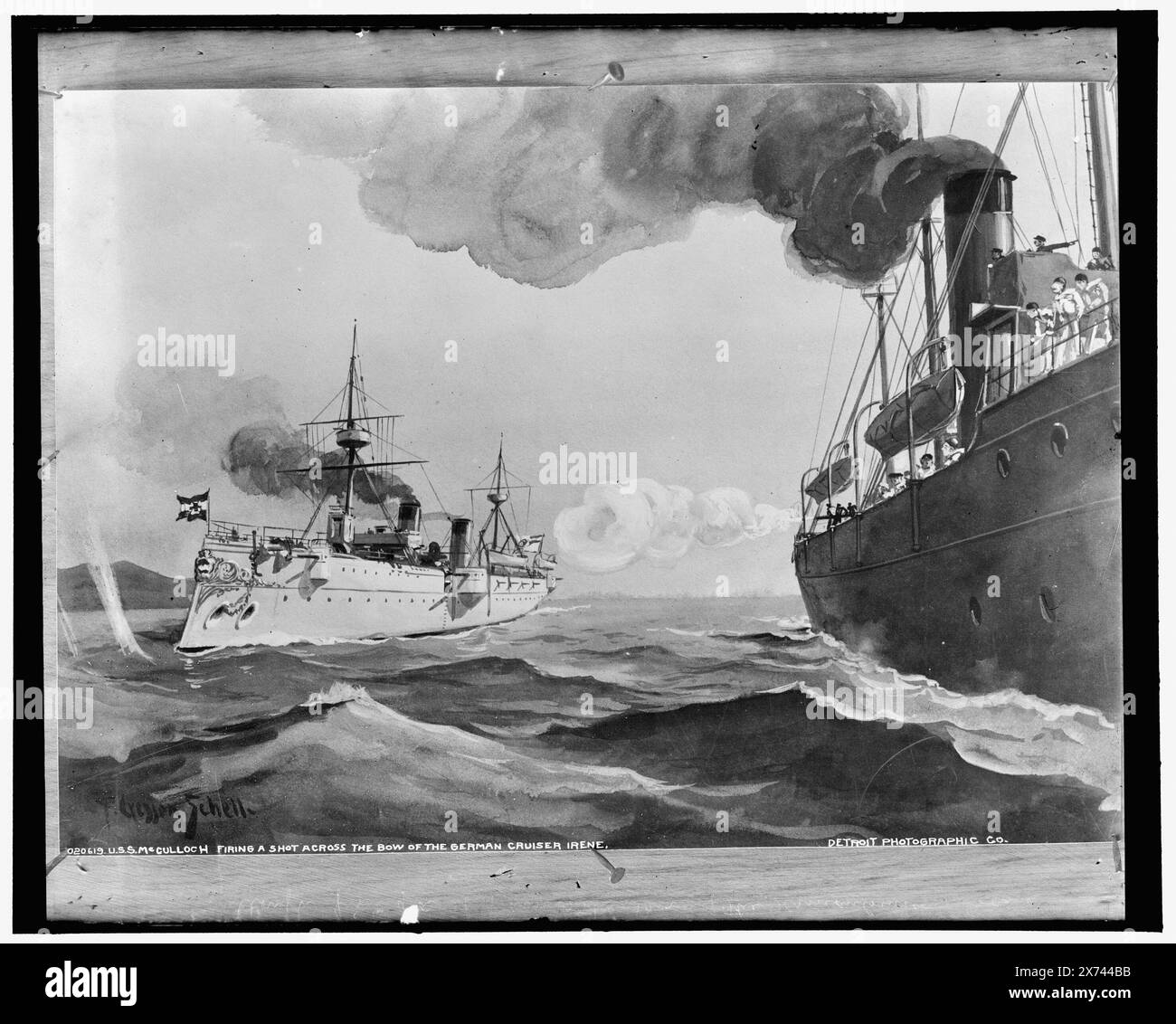 U.S.S. McCulloch firing a shot across the bow of the German cruiser ...