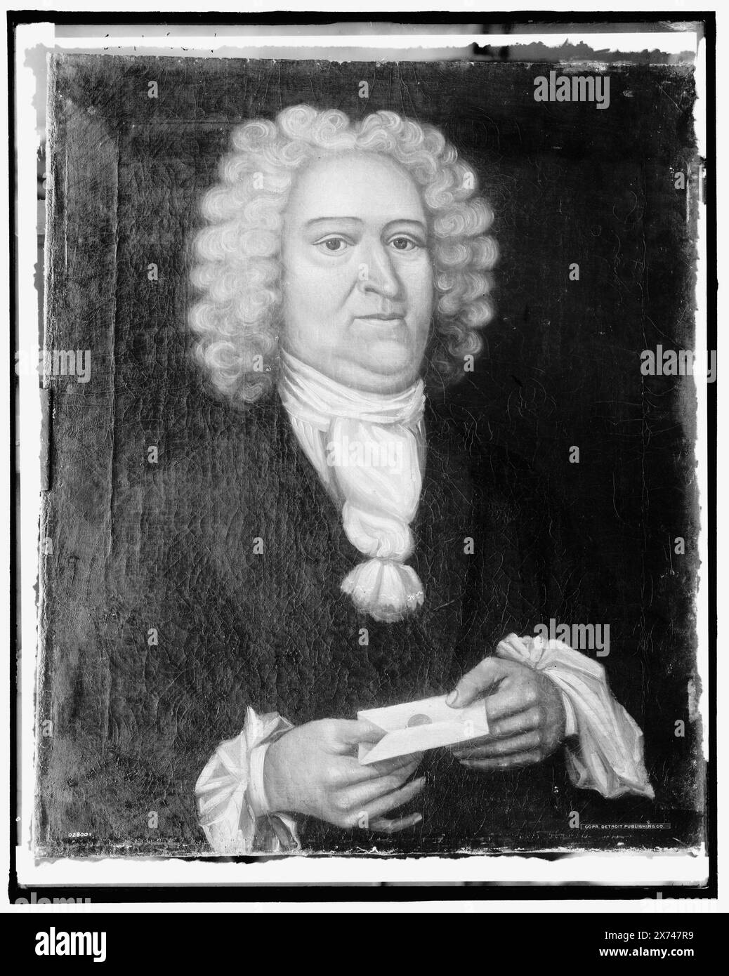 Man in wig holding letter, head and shoulders portrait, Title devised ...