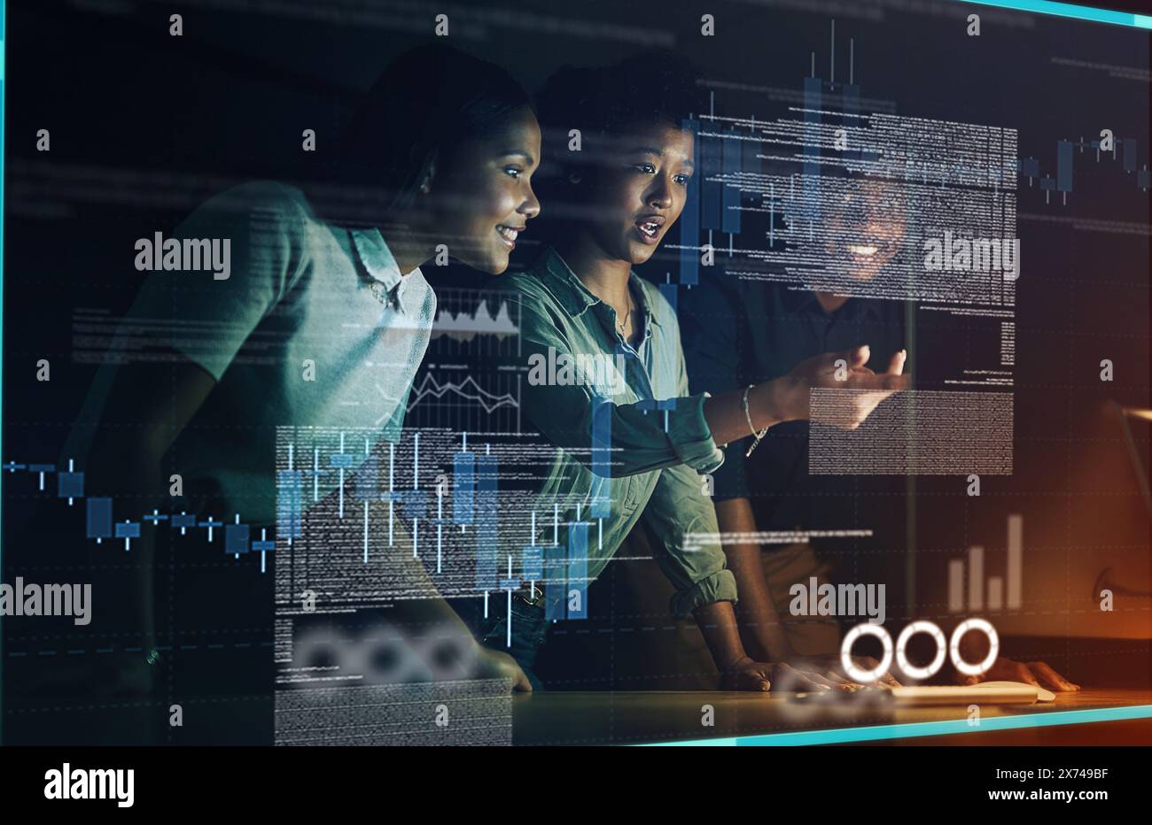 Business people, teamwork and data overlay with statistics analytics or ...