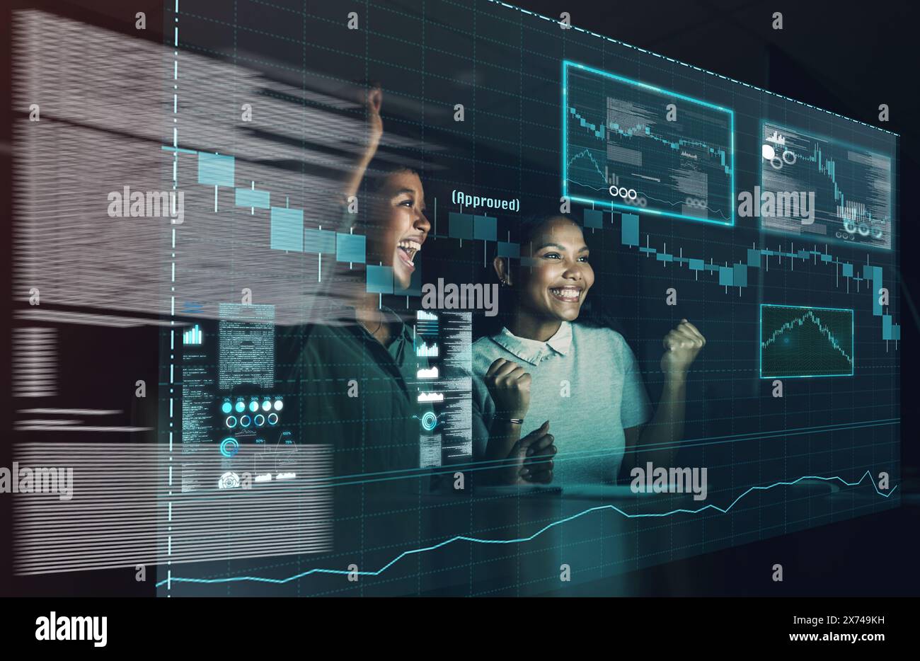 Women, teamwork and statistics overlay with data analytics or excited ...