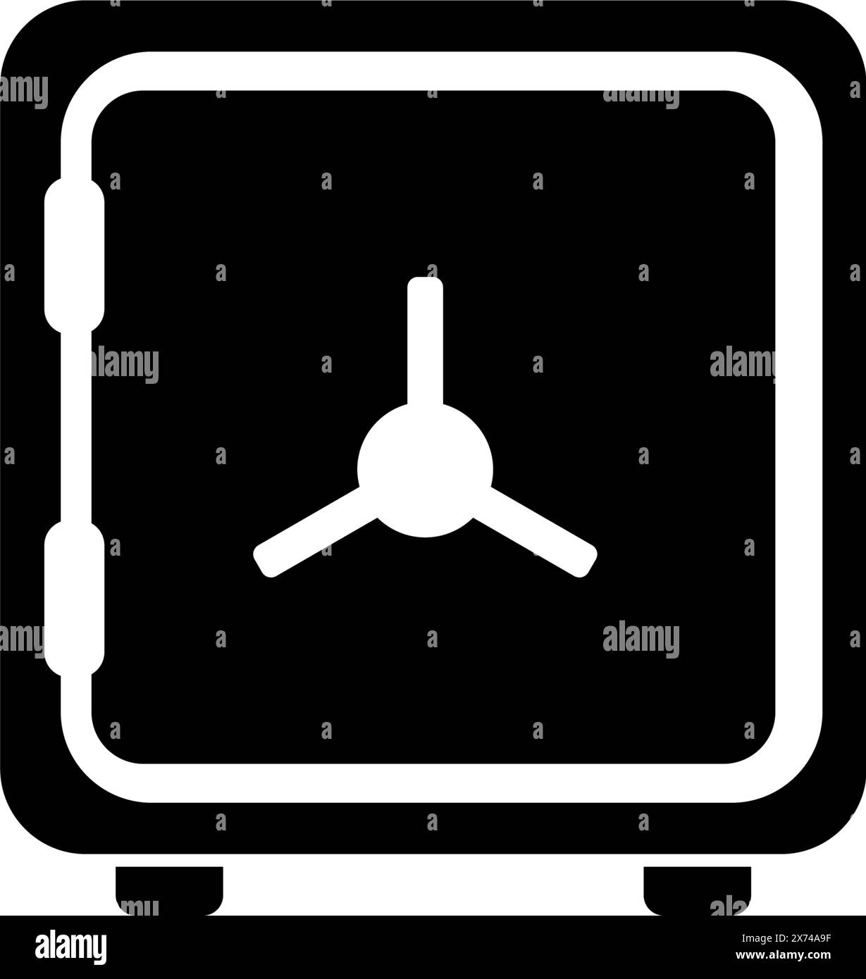 A minimalist black and white graphic icon depicting a closed safe or ...