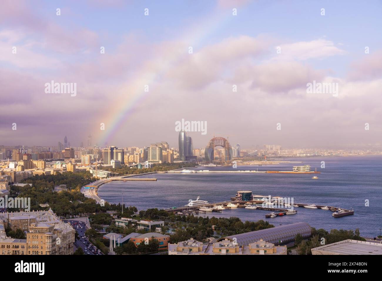 Big rainbow over the bay of Baku city. Azerbaijan Stock Photo - Alamy