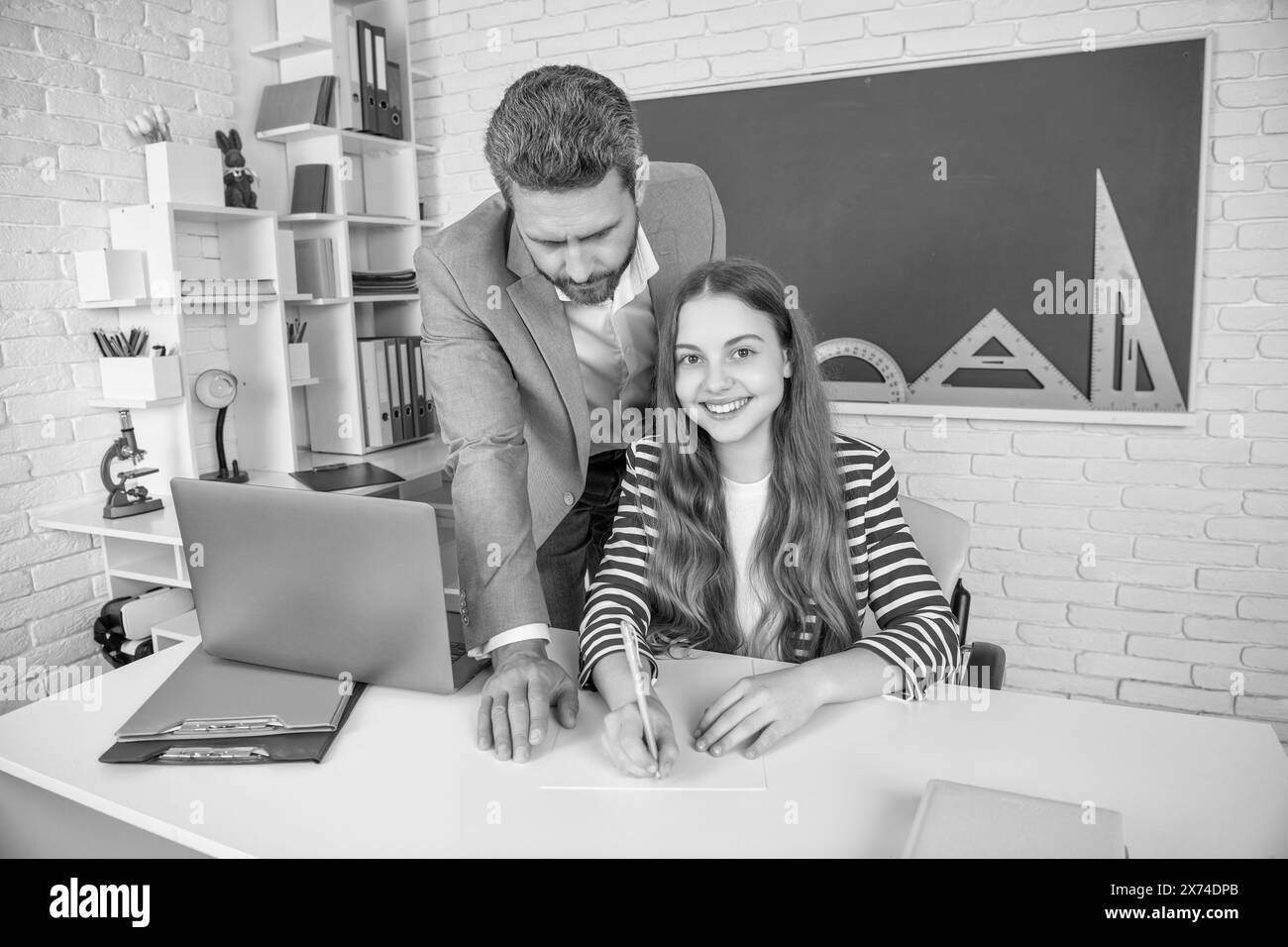 Smiling girl computer Black and White Stock Photos & Images - Alamy