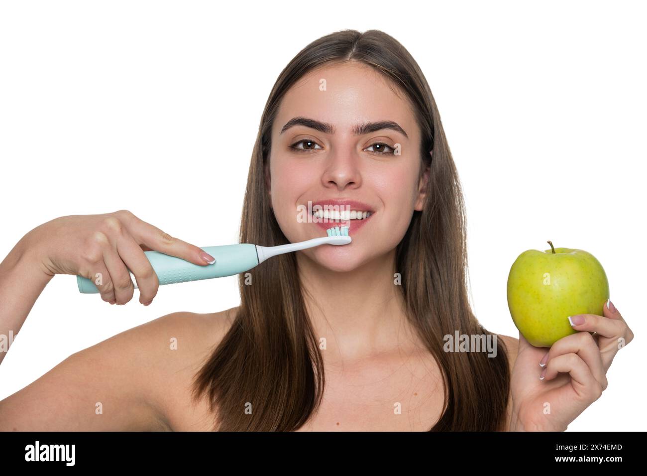 Woman toothy smile isolated on white. Woman brushing teeth with ...