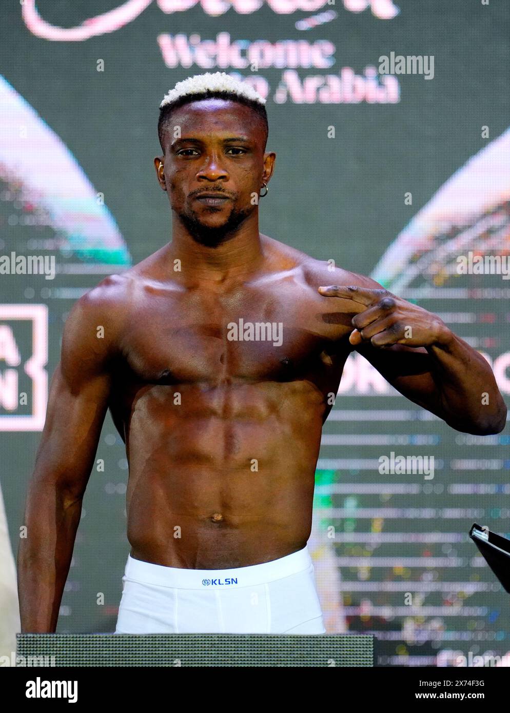Joshua Wahab during a weigh-in at BLVD City Music World, Riyadh. The ...