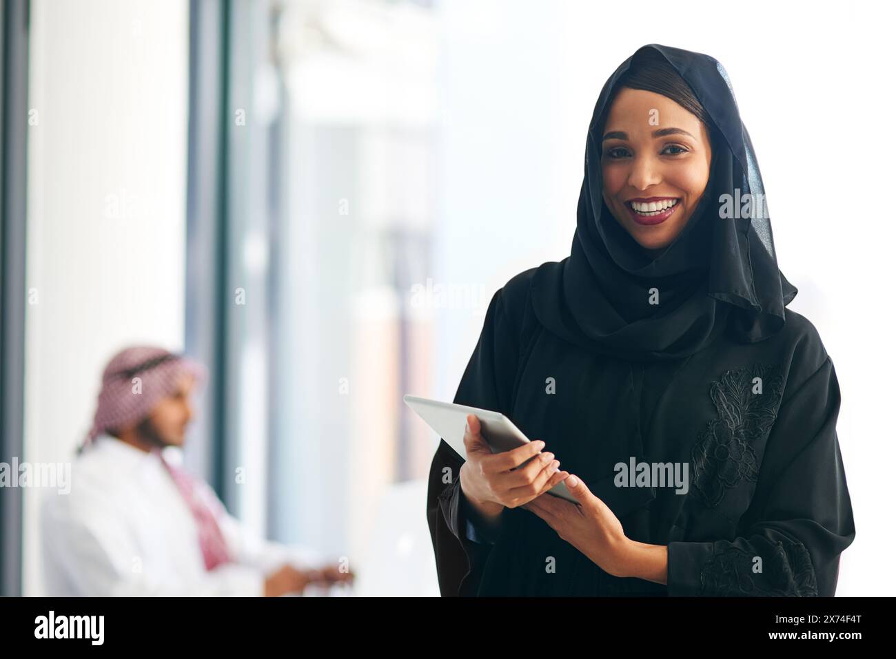 Portrait, business people and Muslim woman with tablet, accountant and ...