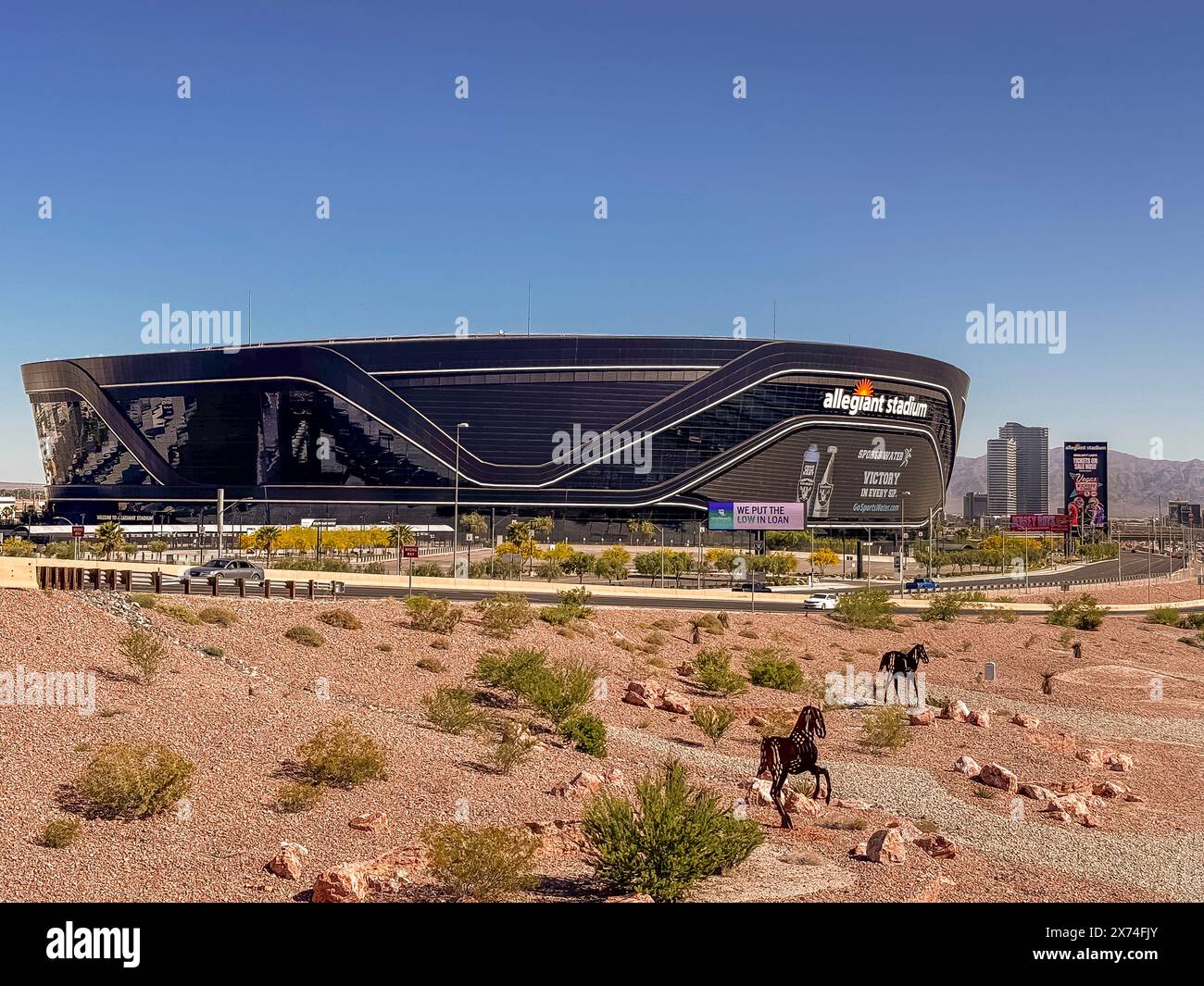Las Vegas, NV, USA - May 12, 2024: Black Allegiant Stadium closeup with ...