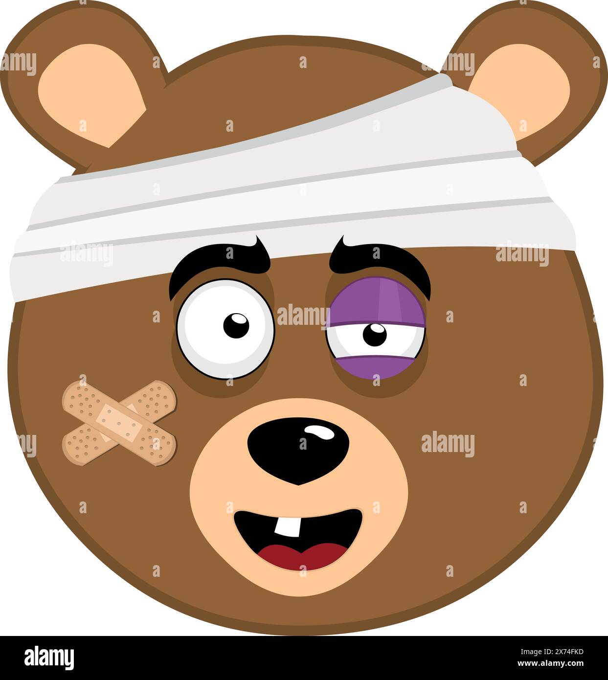 vector illustration face character brown bear grizzly injured cartoon, with bandages on his head ...