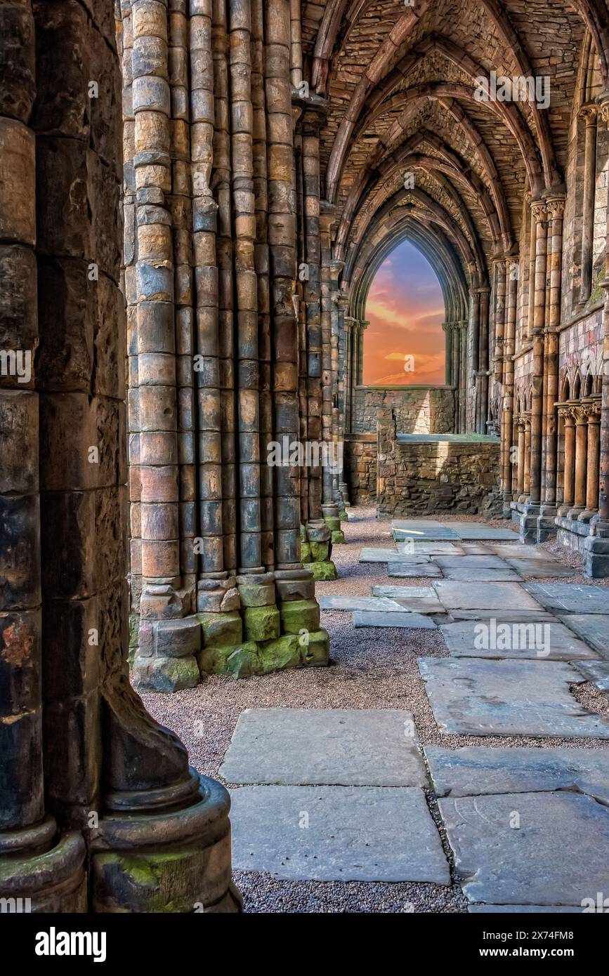 Dramatic stone work and archways in Holyrood Abbey, Edinburgh, Scotland ...