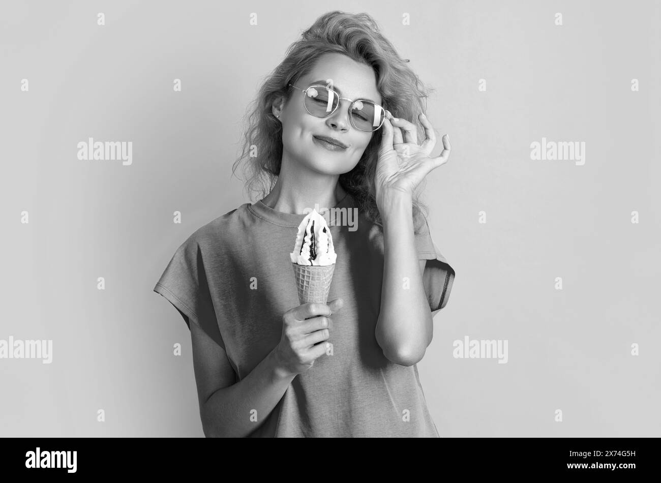 happy summer woman with cone icecream in studio. summer woman with cone ...