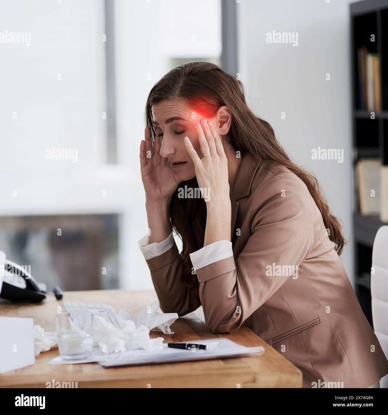 Red, woman and headache in pain or fever symptoms of migraine as admin ...