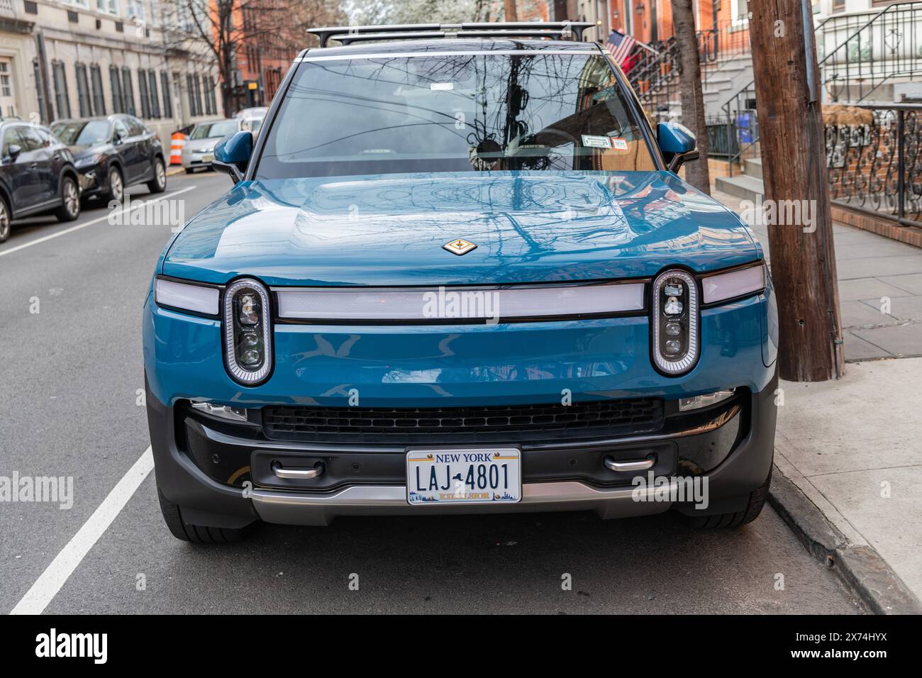 New York City, USA - April 01, 2024: 2023 Rivian Blue R1S electric ...