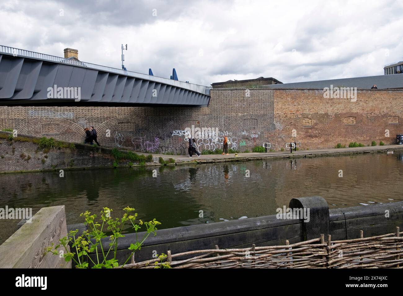 View from Camley Street Nature Park of Regents Canal towpath people ...