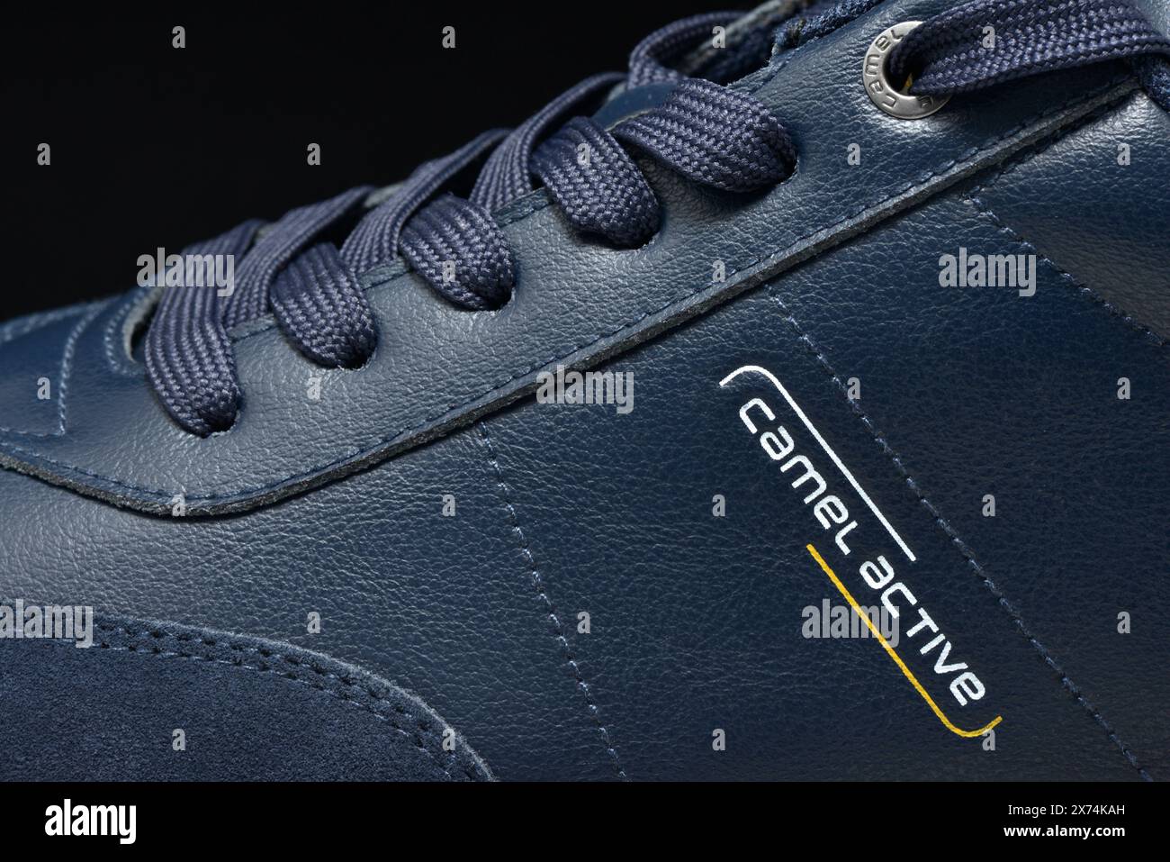 Camel Active blue leather men's shoes close up detail logo on black ...