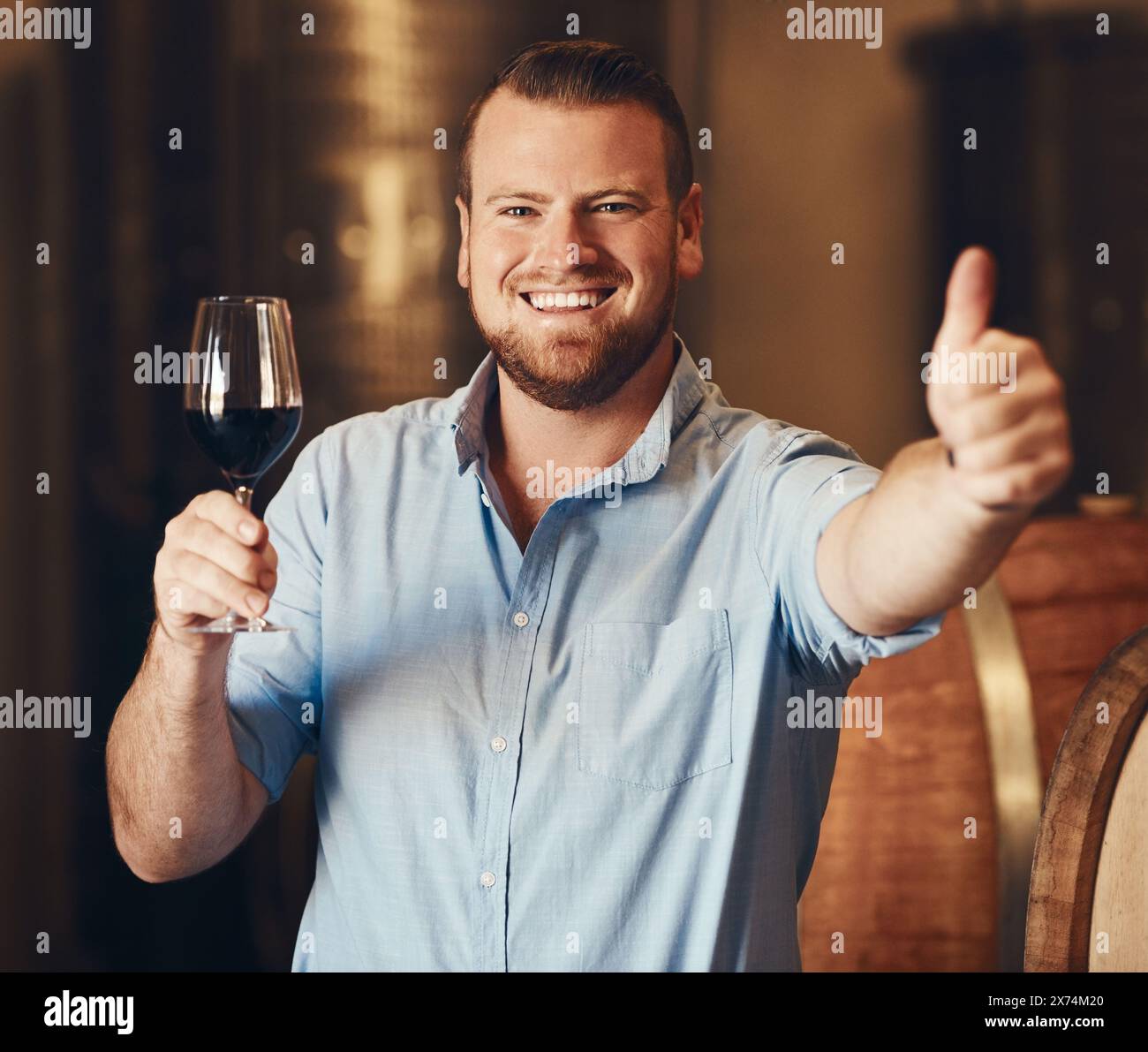 Portrait, man and wine in cellar with thumbs up, great and yes with ...