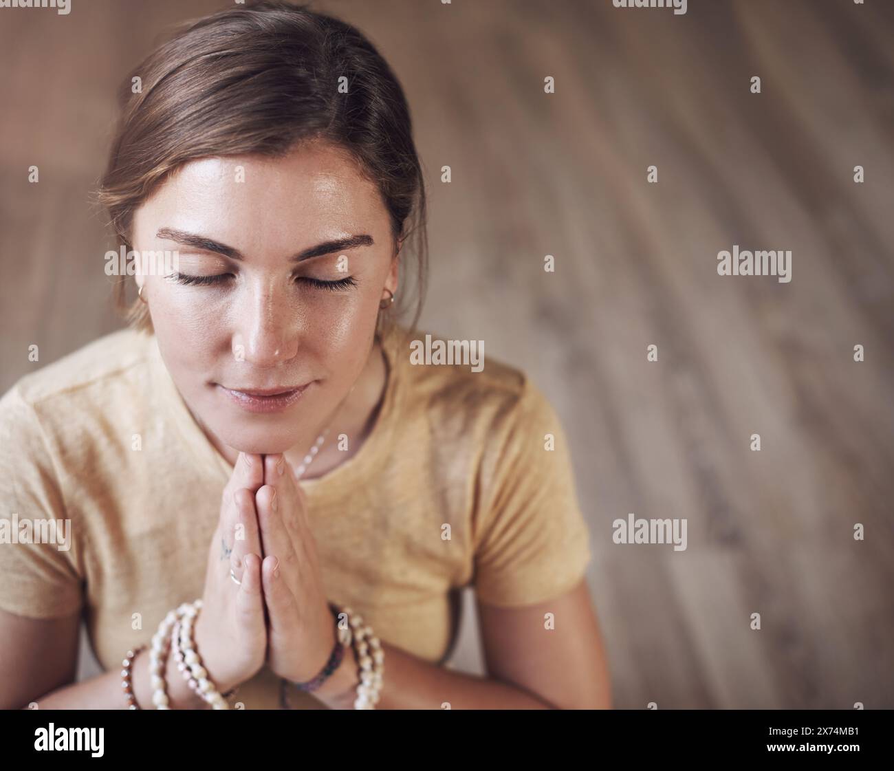 Yoga, girl and namaste for peace, meditation and spiritual awareness or ...