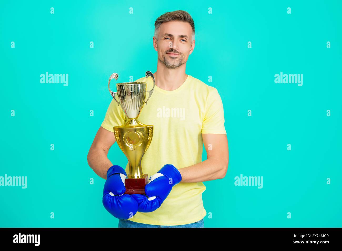 Man champion in boxing. Sport success and victory. Man hold champion ...