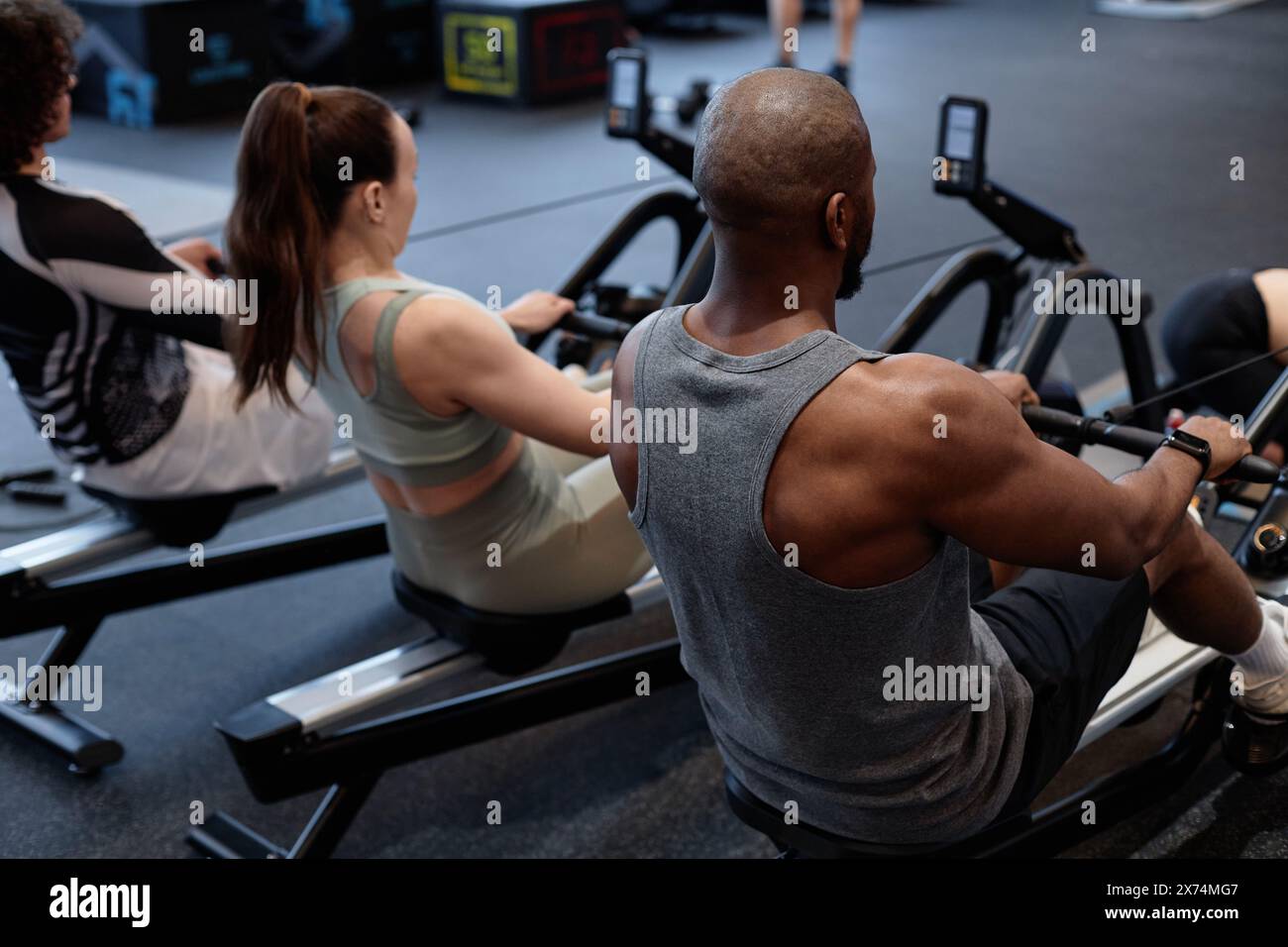 Back view of people using rowing machine during strength training in ...