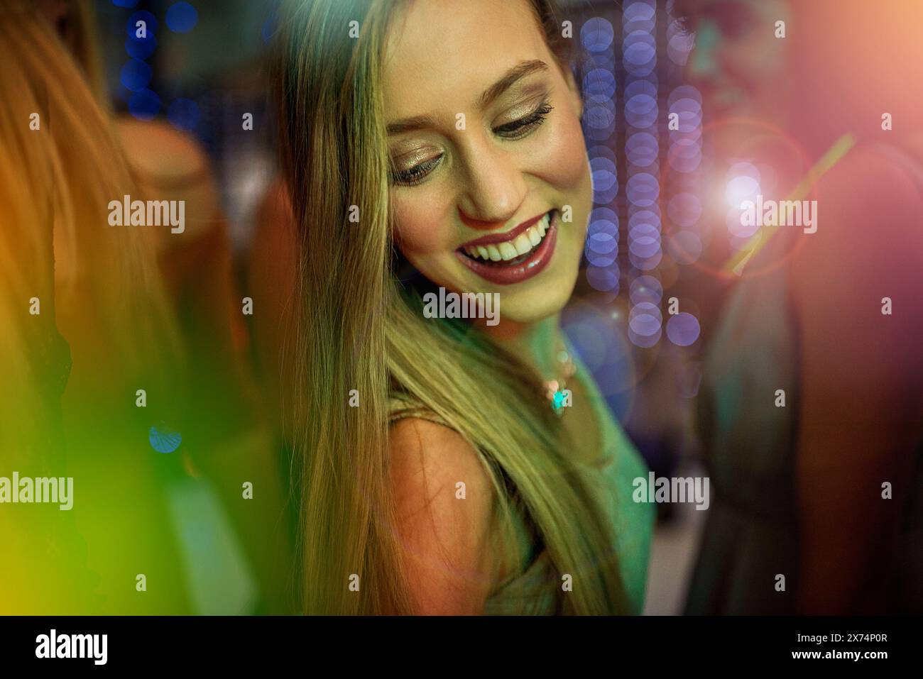 Dancing, smile and woman in nightclub for, music or happy weekend at ...