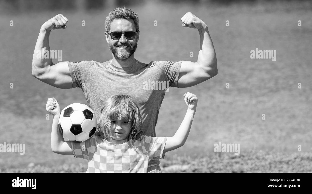 adventures between father and son. strong father son playing football ...