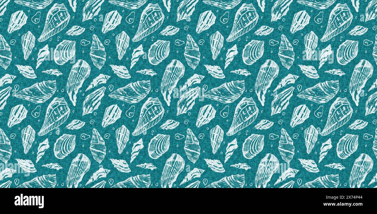 Teal turquoise blue white shell motif with linen seamless batik border ...