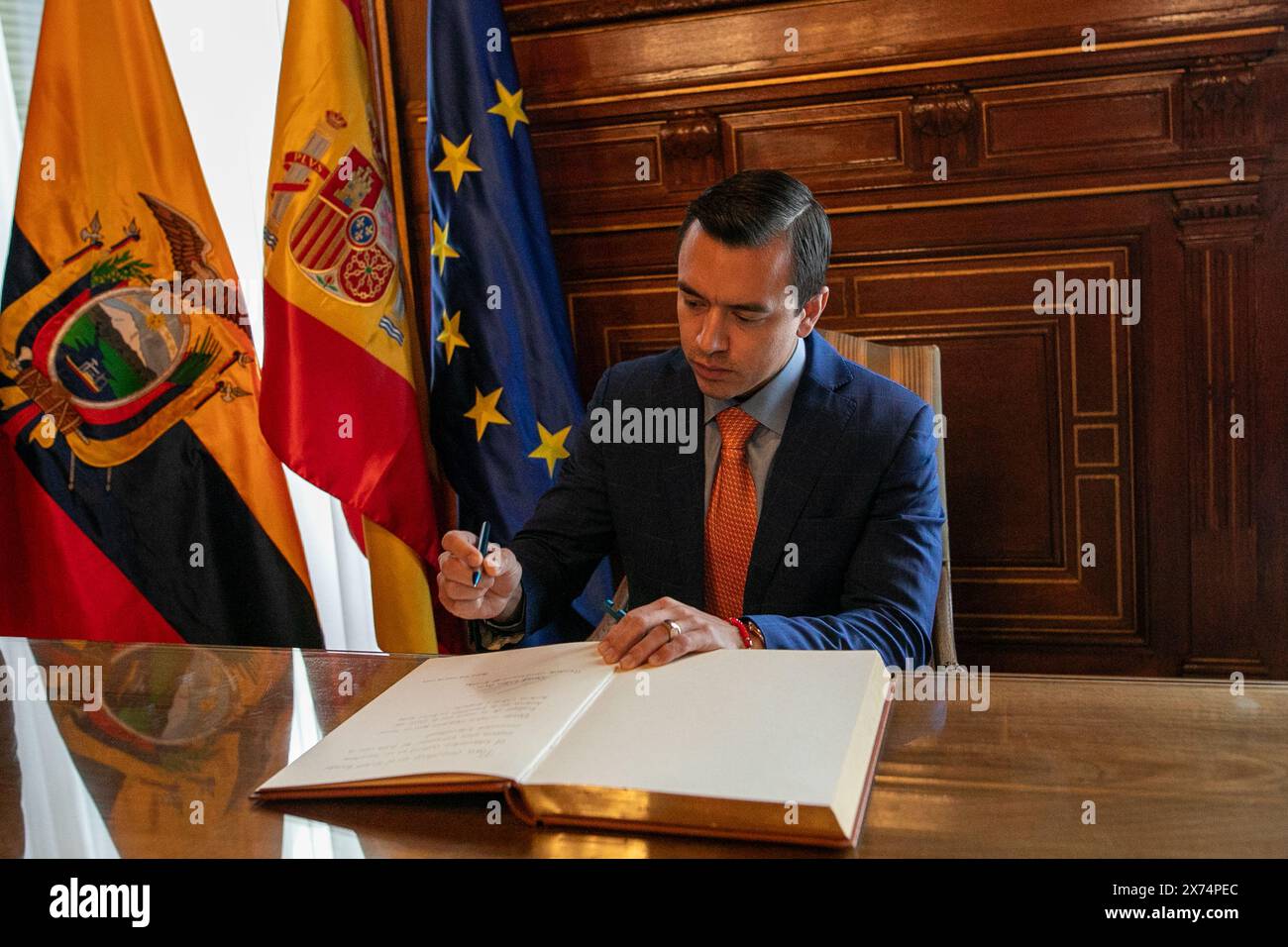 Madrid, Spain. 17th May, 2024. Daniel Noboa, president of Ecuador, seen signing the Casa America ...