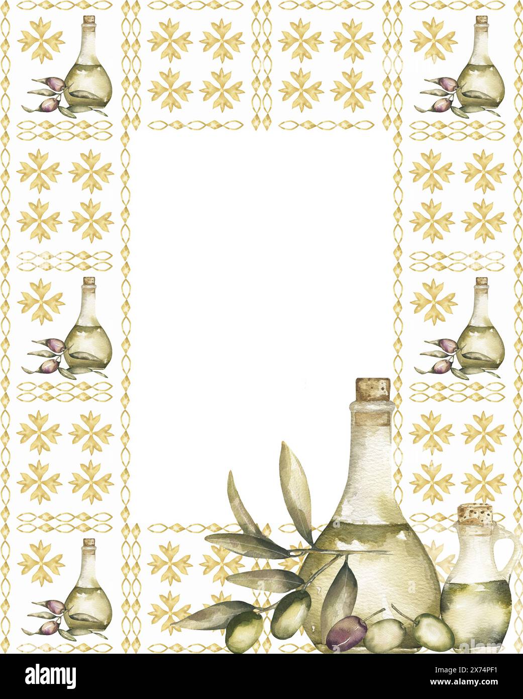 Watercolor tiles frame with olives branch, olive and bottle with oil ...