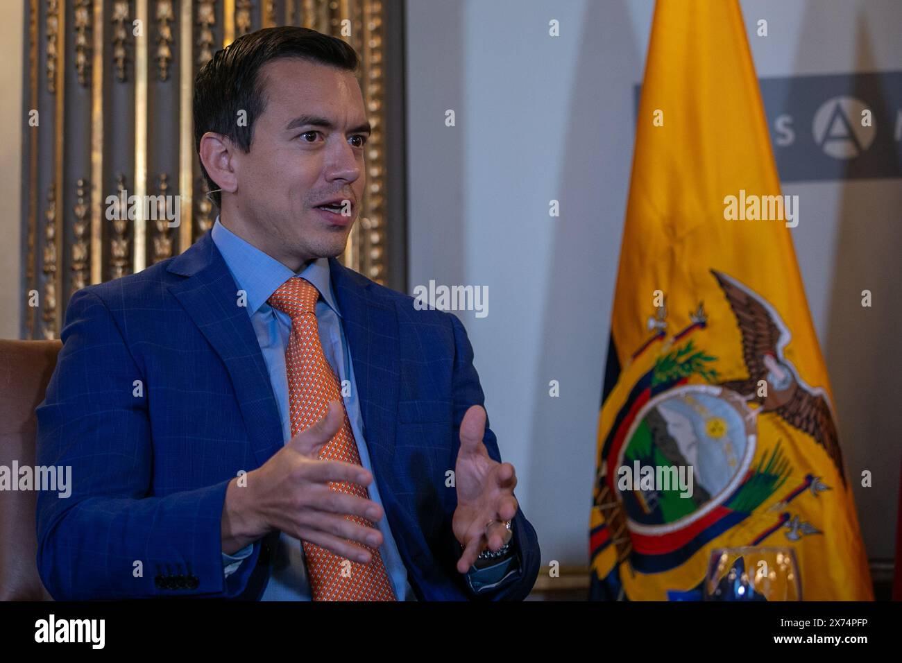 Madrid, Spain. 17th May, 2024. Daniel Noboa president of Ecuador speaks during an interview ...