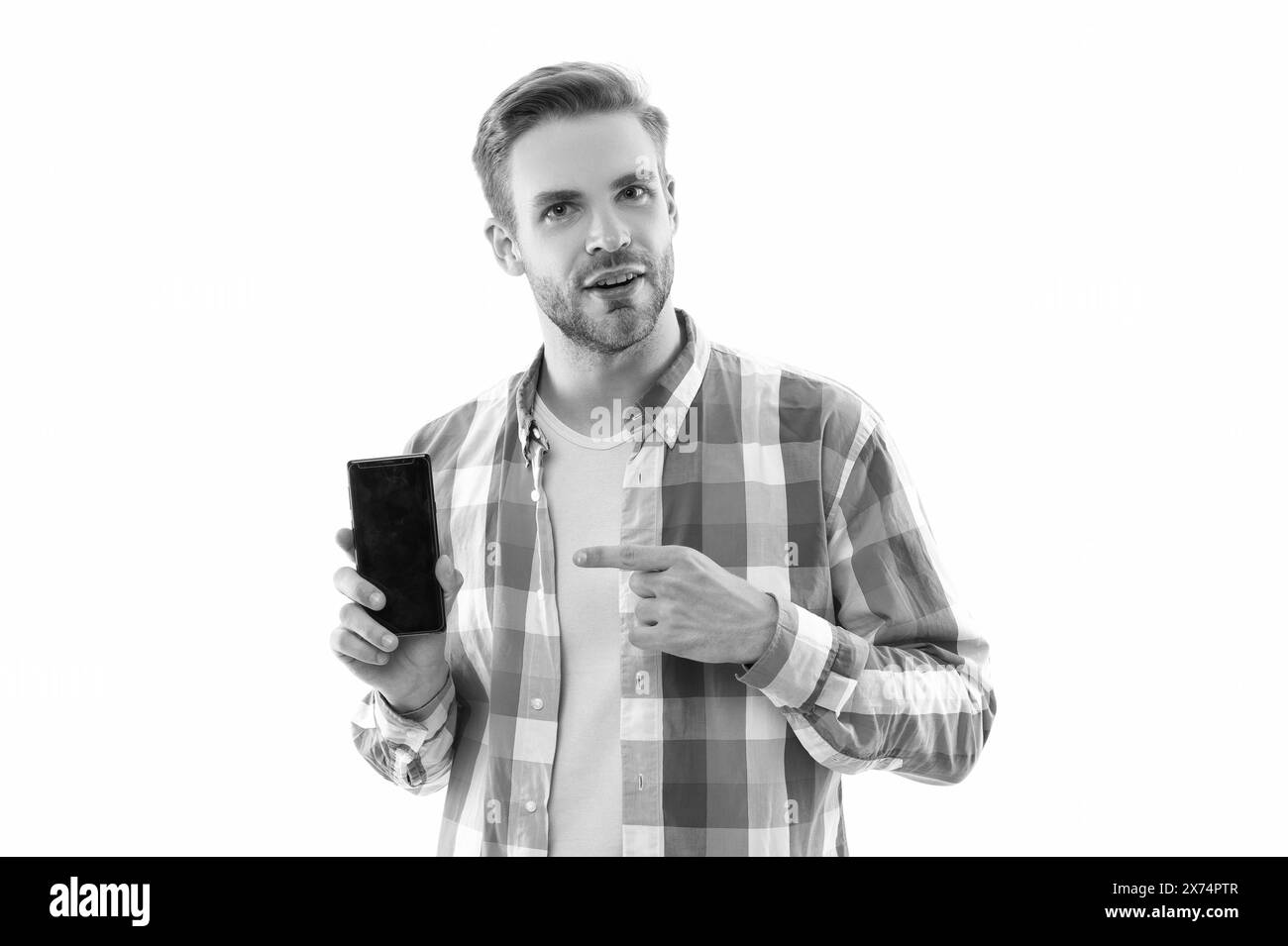 man showing phone screen on background, pointing finger. photo of man ...