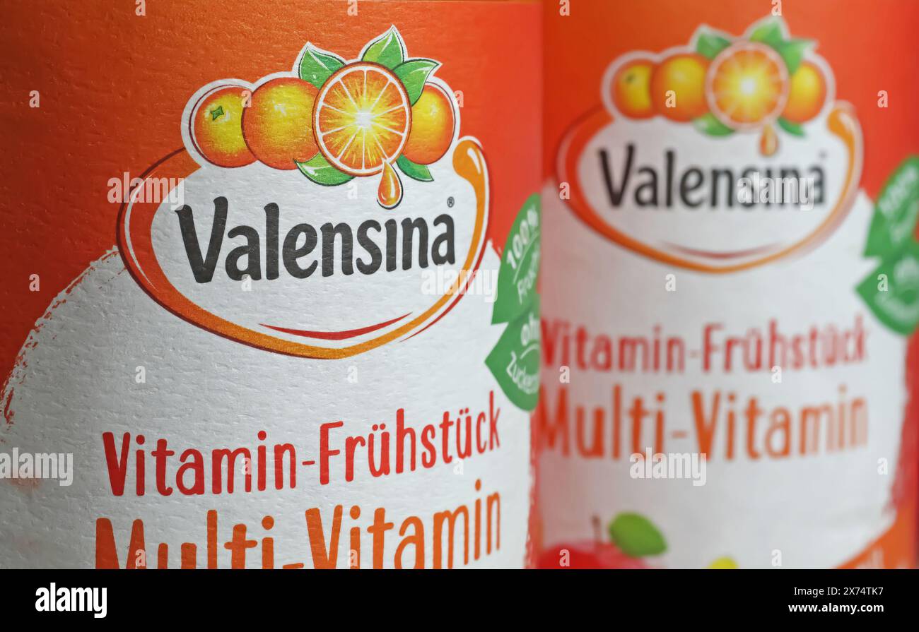 Viersen, Germany - May 9. 2024: Closeup of bottle label Valensina fruit ...
