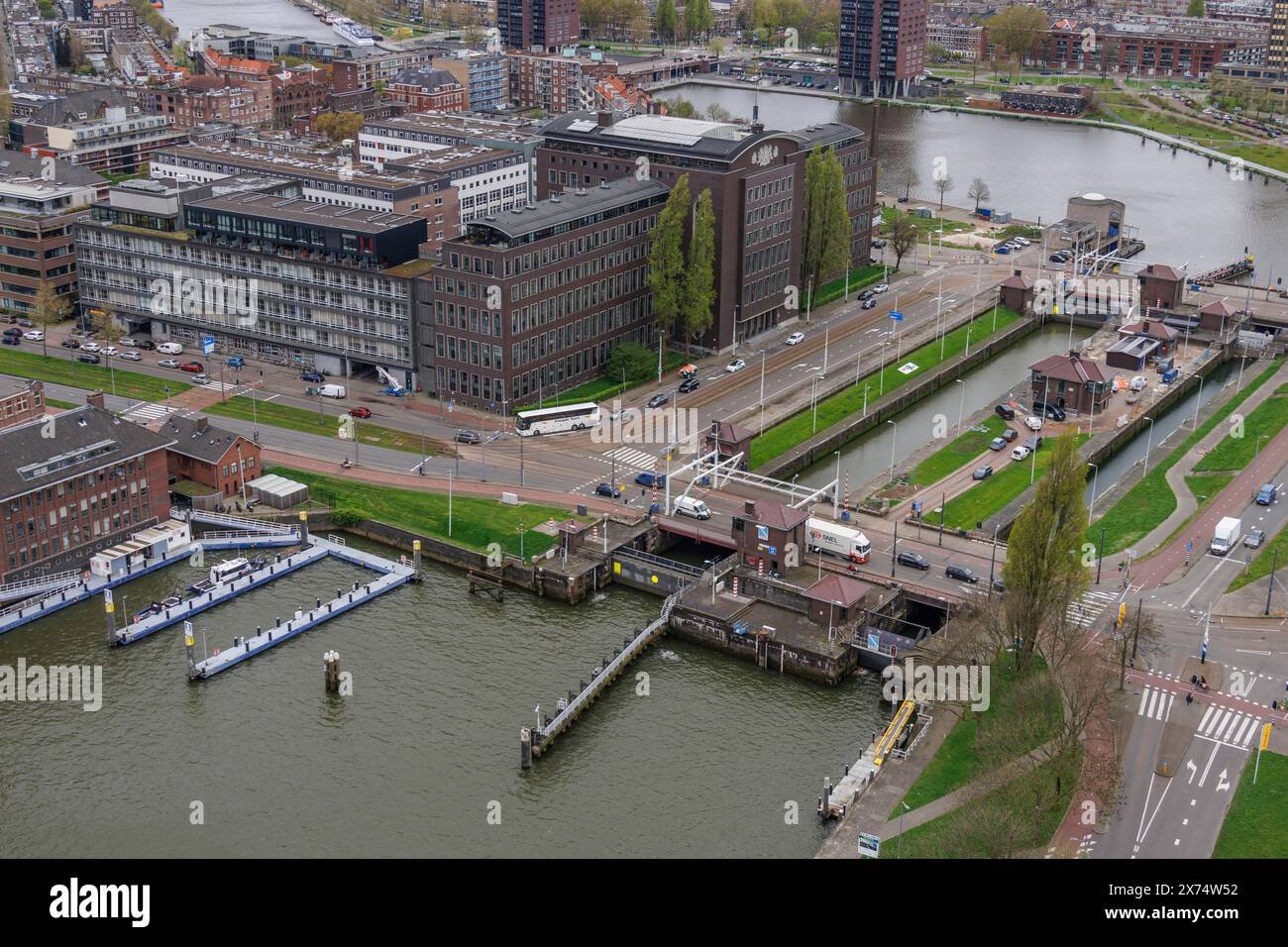 View of a city with river, bridges and buildings, hustle and bustle and urban atmosphere, view ...