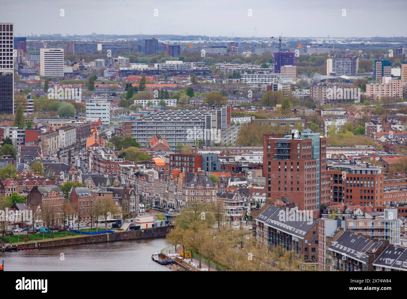 Overview of an urban area with various buildings and a river, urban ...