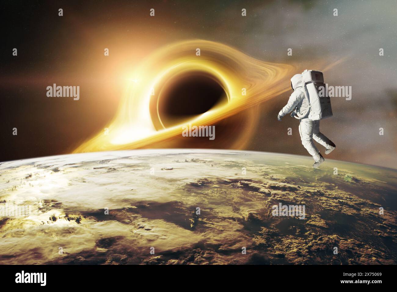Spaceman looks at black hole on low-orbit of Earth planet. Elements of ...