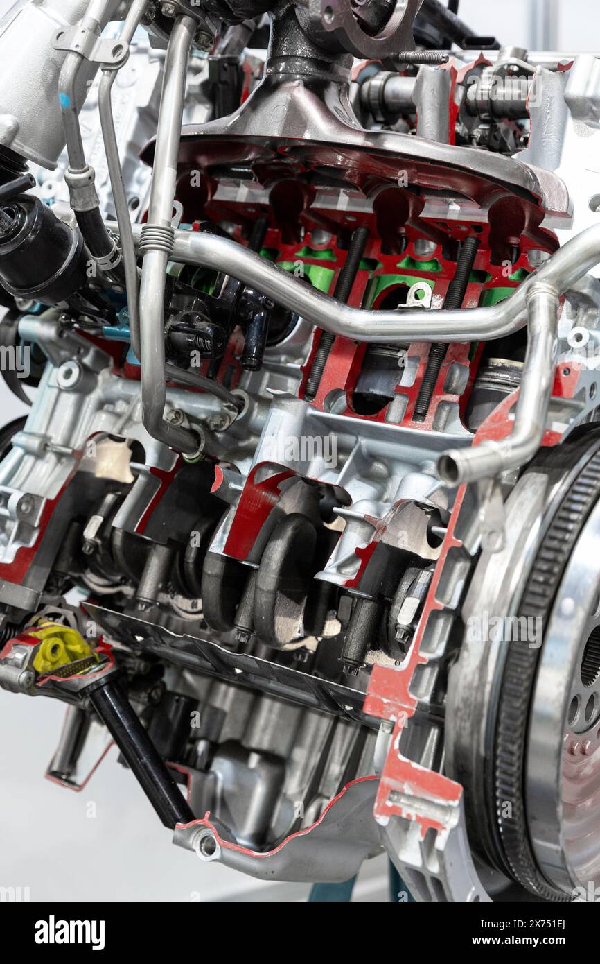 Close up Detail of an educational sample of a four-stroke internal ...