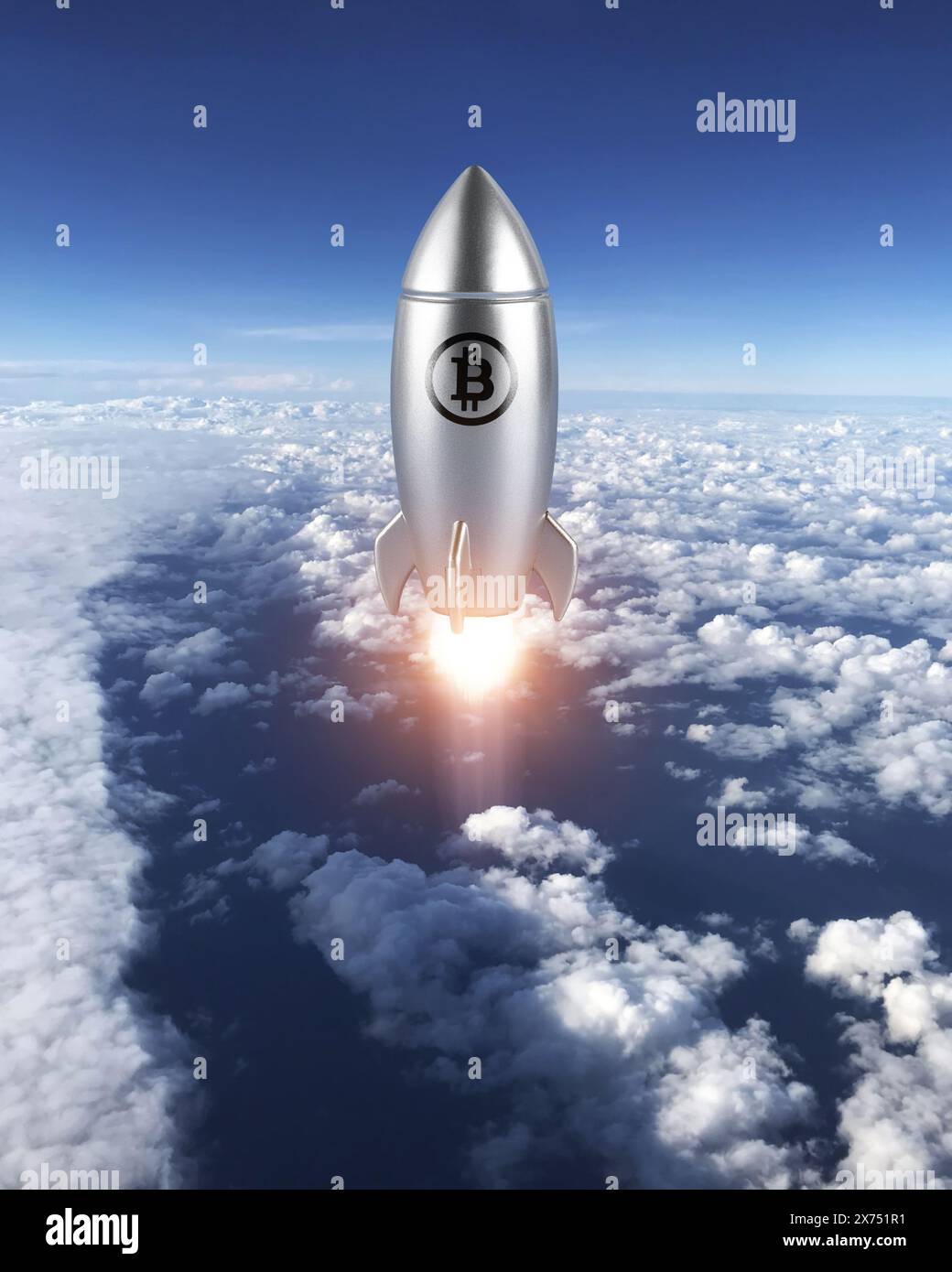 Silver rocket launch with a bitcoin sign on sky background. Minimal ...