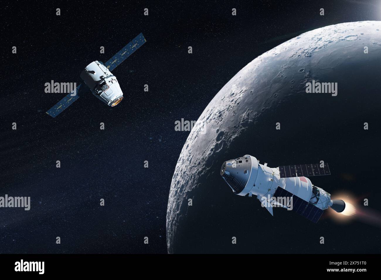 Orion spacecraft with satellite near to the Moon surface. Artemis space ...