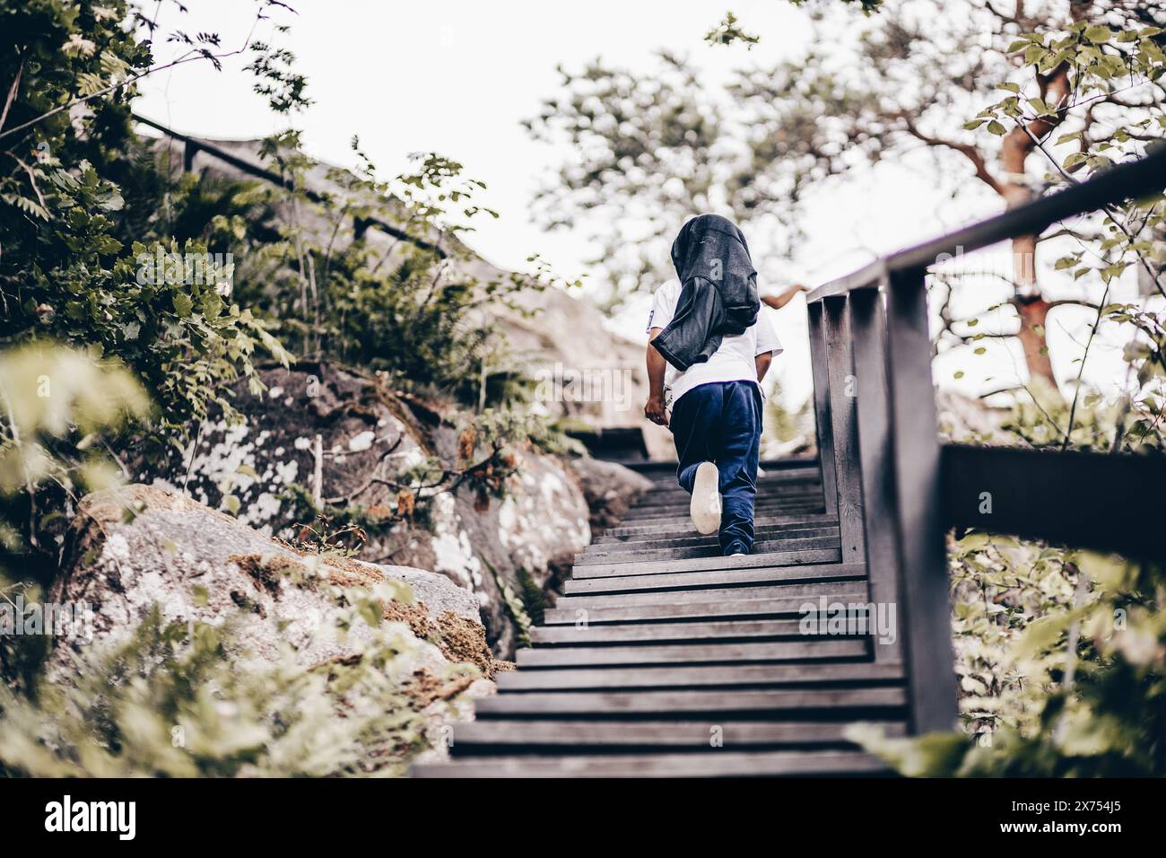 A boy seen from the back walking up a big climb of stairs Stock Photo ...
