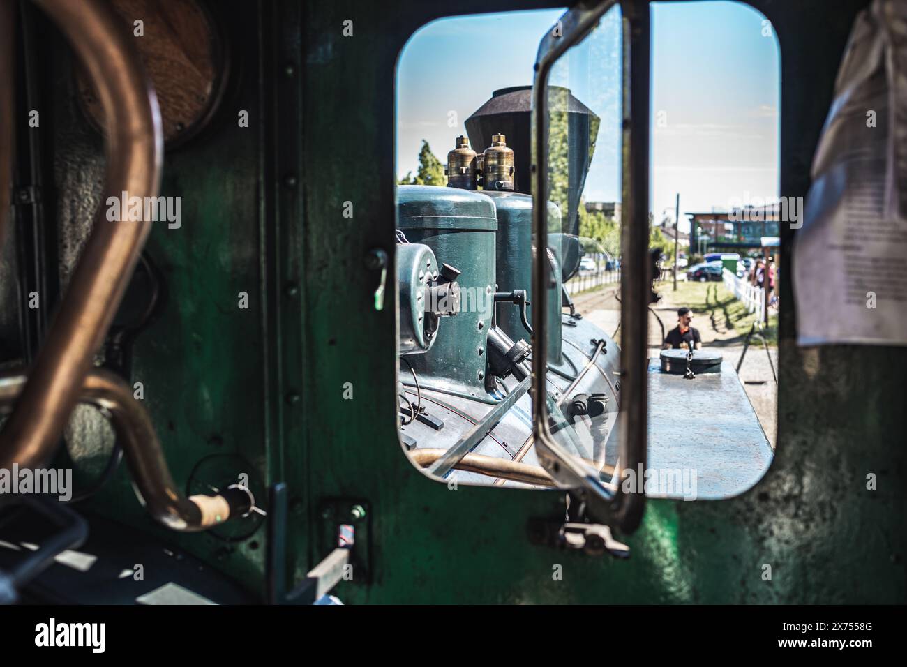 Looking at engines through a window of an old vintage train Stock Photo ...