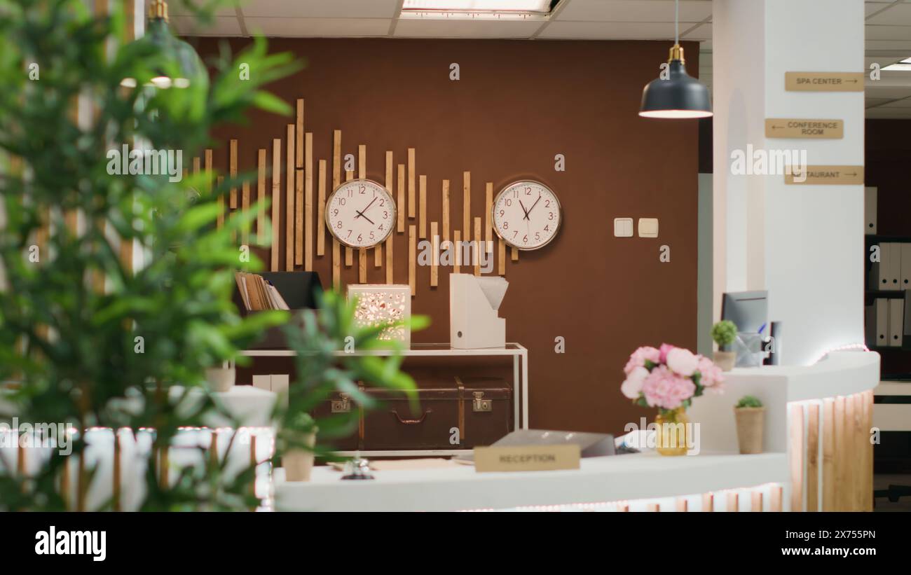 Empty stylish hotel lounge area with expensive decorations, cozy ...