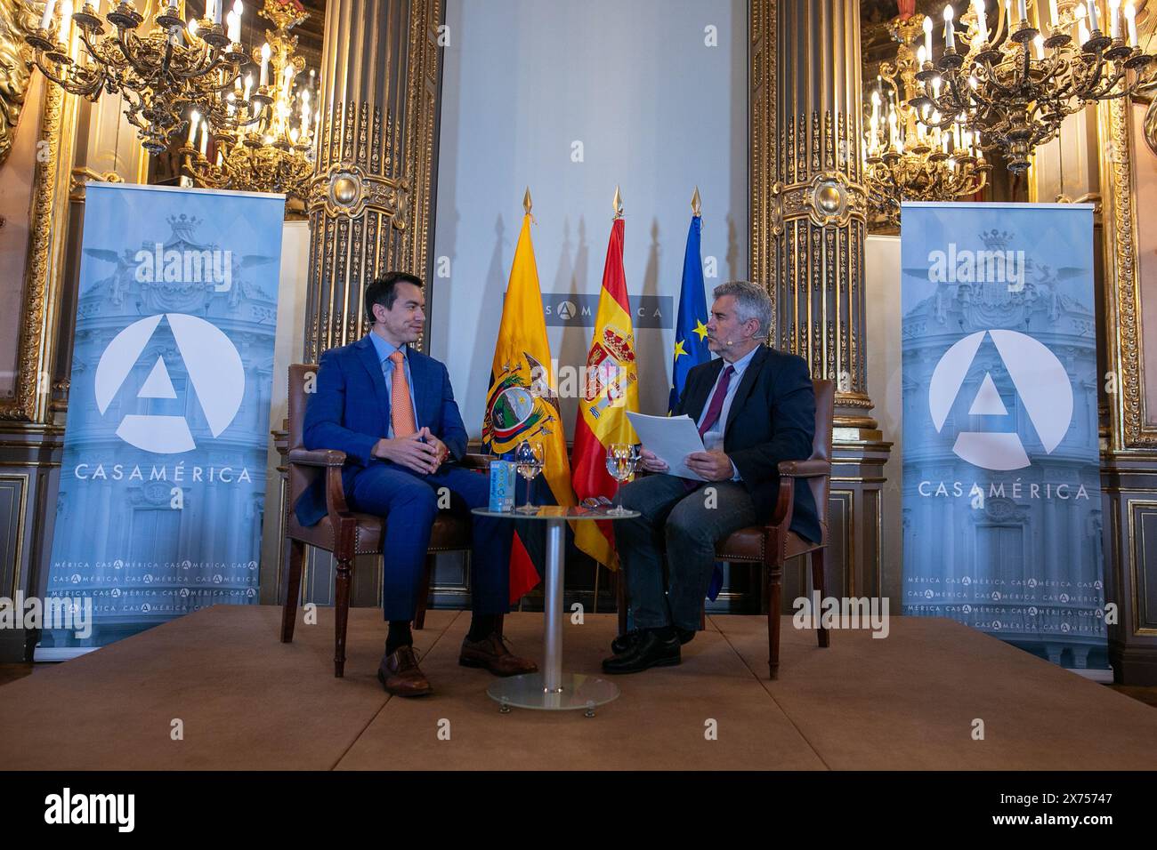 Madrid, Spain. 17th May, 2024. Daniel Noboa (L) president of Ecuador seen during an interview ...
