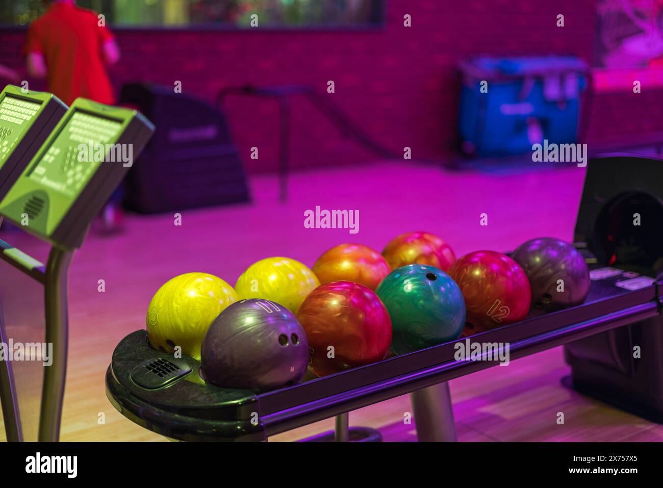 View of automated ball return system in a bowling alley, ensuring ...