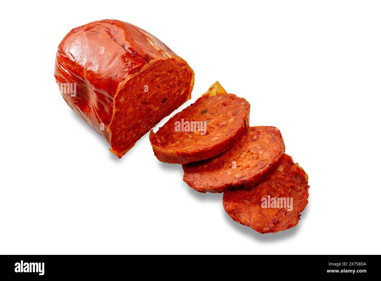 Sliced Nduja isolated on white, Nduja is a spicy pork and chili pepper ...