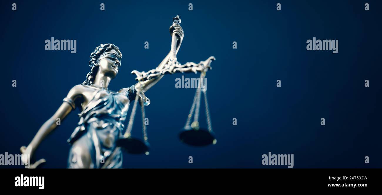Lady Justice statue in law on blue background. Law and justice concept ...