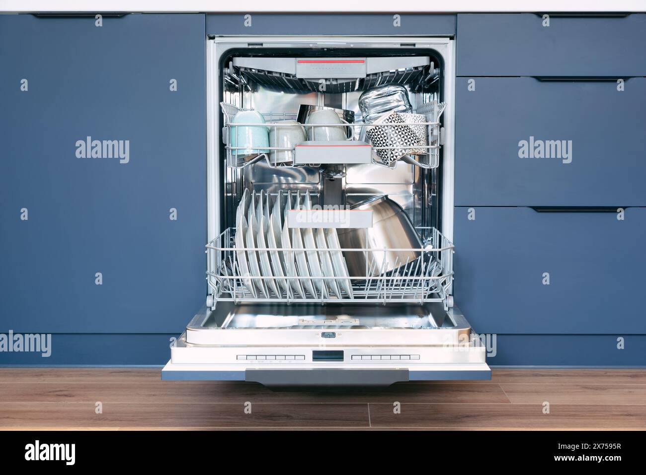 Dishwasher in modern kitchen. Perfectly washing dishes, front view ...